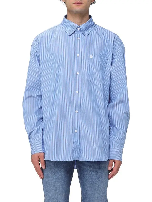 Carhartt Work In Progress Relaxed Fit Striped Cotton Poplin Shirt With Patch Pocket - Blue