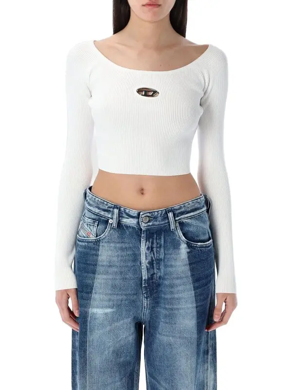 DIESEL® Cropped Ribbed Long Sleeve Top - White