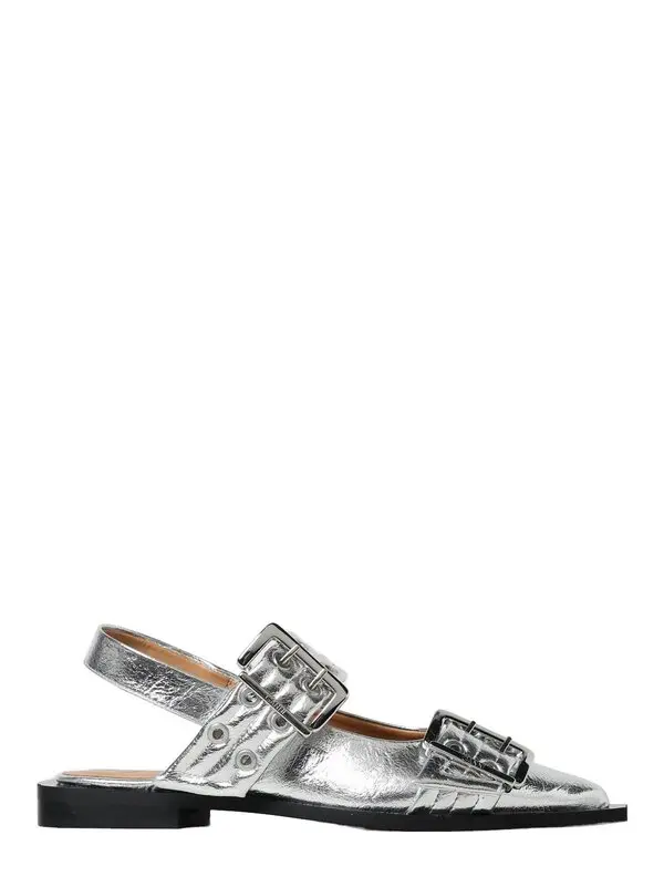 GANNI Metallic Buckled Slingbacks - Silver