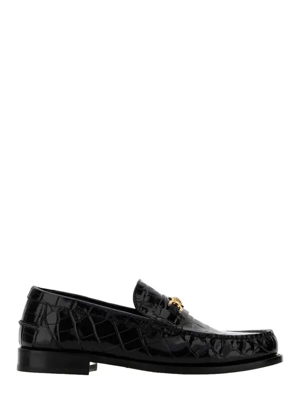 Versace Croc Effect Loafers With Gold Tone Detailing - Black