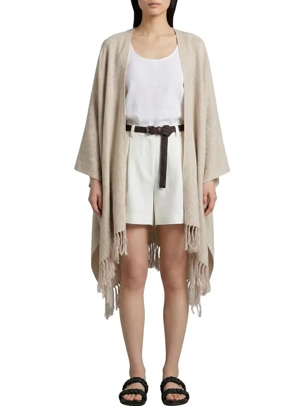Brunello Cucinelli Linen And Viscose Blend Cape With Fringe Detail - Beige