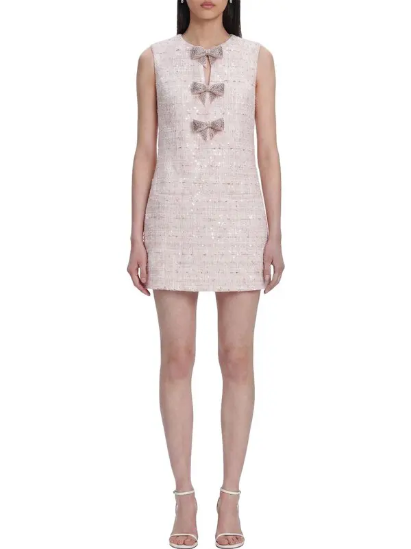 SELF-PORTRAIT Bouclé Mini Dress With Sequin Appliqués And Bow Detail - Pink