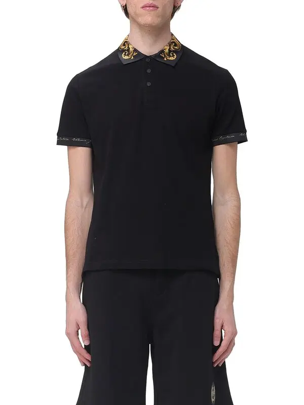 Versace Cotton Polo Shirt With Baroque Print Collar - Black