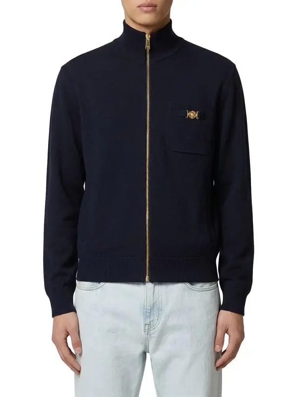 Versace Cotton And Cashmere Zip-up Cardigan With Medusa Logo - Blue