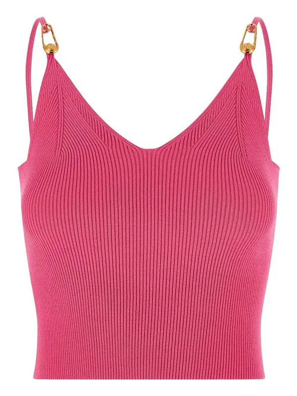 Versace Ribbed V-neck Top With Safety Pin Detail - Fuchsia