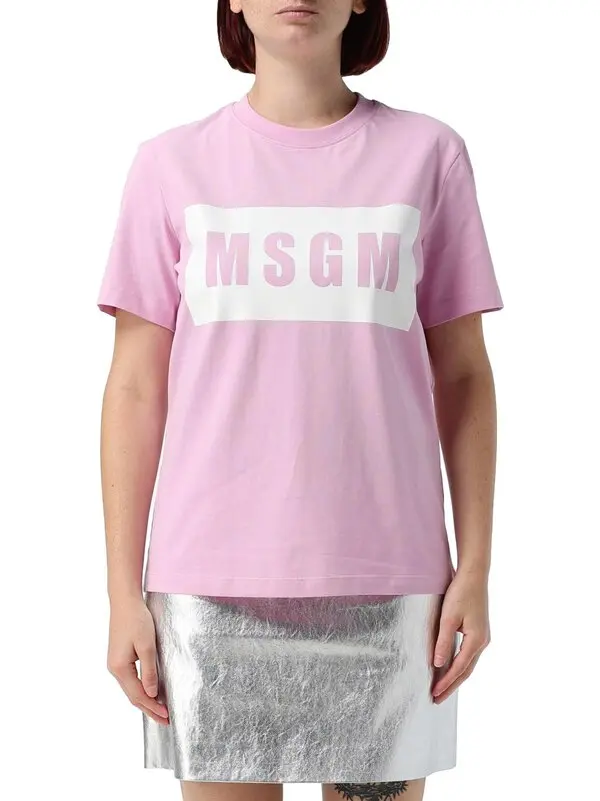 MSGM Short Sleeve Cotton T-shirt With Printed Logo - Pink