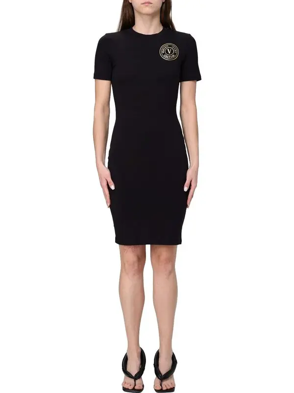 Versace Stretch Cotton Mini Dress With Logo - Black