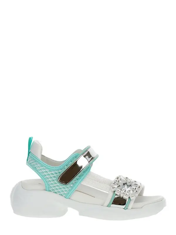ROGER VIVIER Viv' On The Run Mesh And Patent Leather Sandals With Jewel Buckle - White