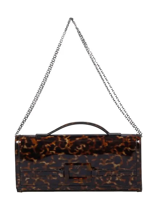 ROGER VIVIER Tortoiseshell Print Lambskin Leather Clutch With Buckle - Brown