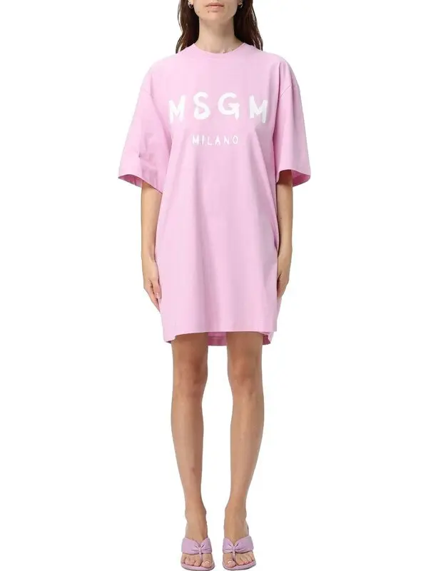 MSGM Cotton Mini T-shirt Dress With Contrast Logo And Dropped Shoulders - Pink