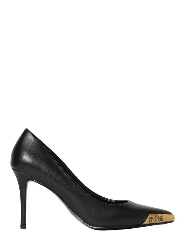 Versace Leather Stiletto Pumps With Metal Toe Cap - Black