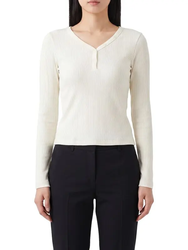 Calvin Klein V-neck Long-sleeve Ribbed Stretch-cotton Top - Coffee