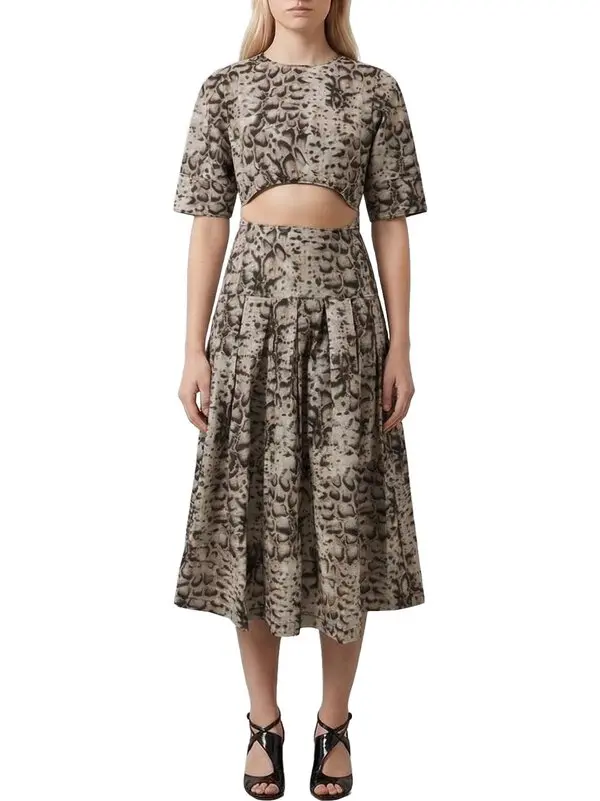 Pinko Animal Print Cotton Cut-out Midi Dress - Beige