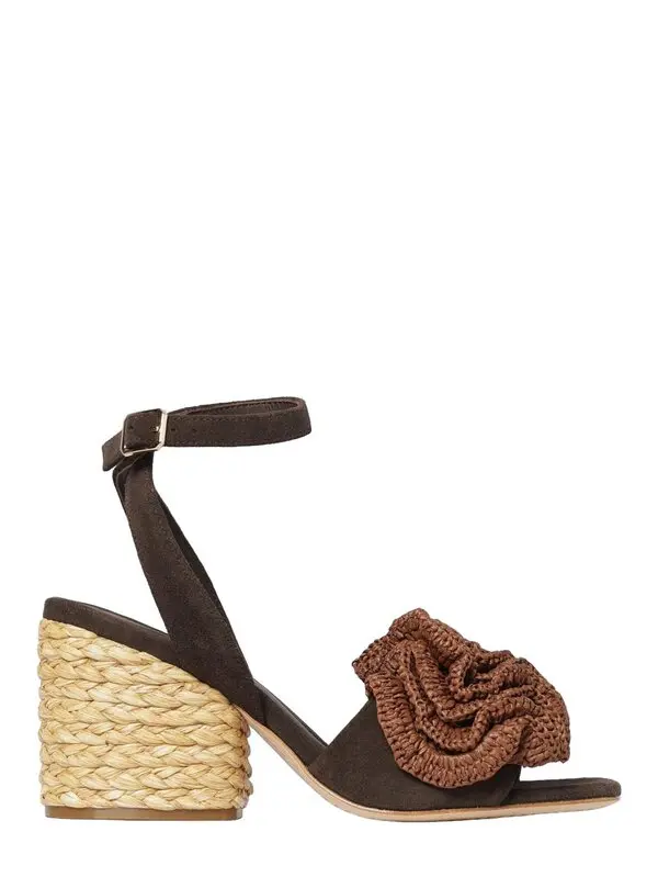 PALOMA BARCELO Suede And Raffia Sandals With Floral Appliqué And Mid Heel - Brown