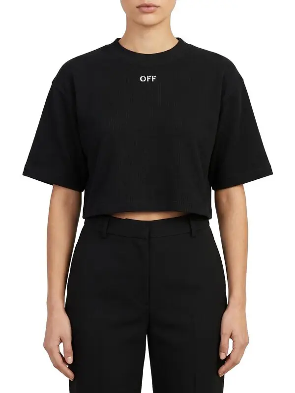 Off-White Cropped Cotton And Elastane Blend T-shirt With Logo - Black 1