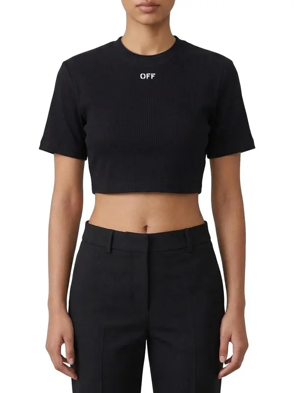 Off-White Cropped Cotton And Elastane Blend T-shirt With Logo - Black