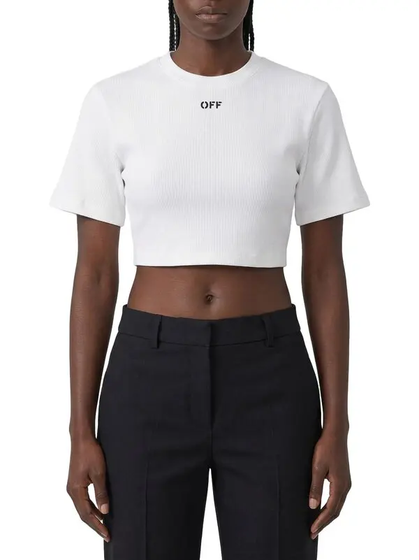 Off-White Cropped Cotton And Elastane Blend T-shirt With Logo - White