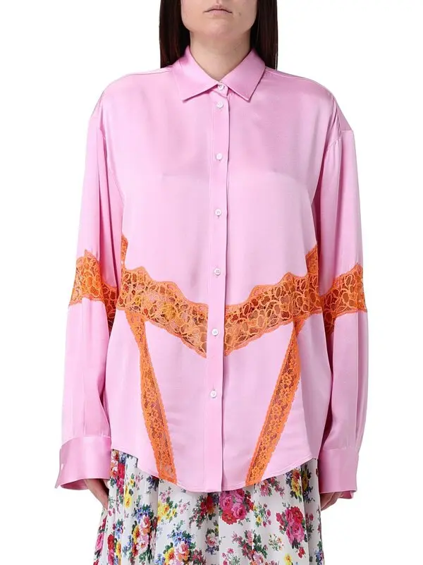 MSGM Relaxed Fit Satin Shirt With Lace Inserts And Dropped Shoulders - Pink