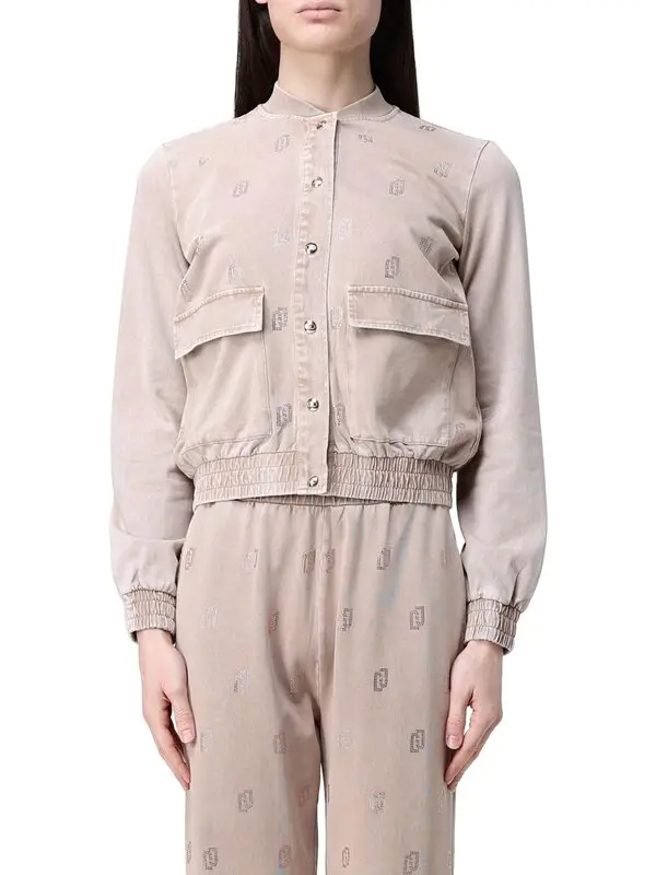Liu Jo Cotton Bomber Jacket With Rhinestone Logo - Beige