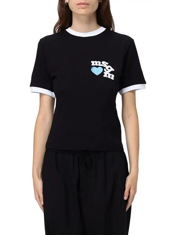 MSGM Slim Fit Cotton T-shirt With Logo Print And Contrast Trims - Black