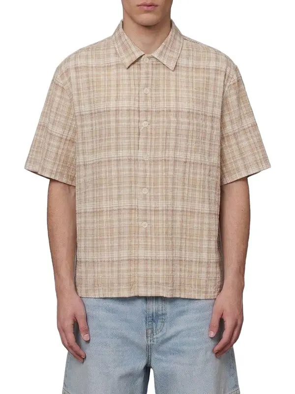 SUNFLOWER Check Cotton And Linen Blend Casual Shirt - Sand
