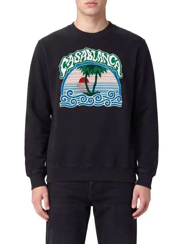 Casablanca Relaxed Fit Cotton Crewneck Sweatshirt With Logo Print - Black