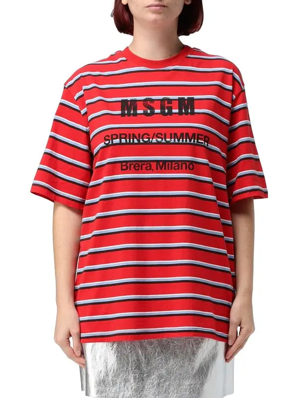 MSGM Oversized Striped Cotton T-shirt With Logo Print - Red