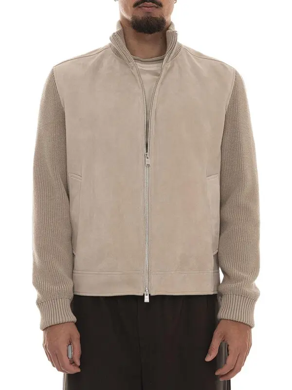 BOSS Suede Jacket With High Neck, Zip Closure And Ribbed Cuffs - White