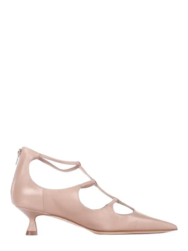 ANNA F. Smooth Leather T-strap Pumps With Low Stiletto Heel - Beige