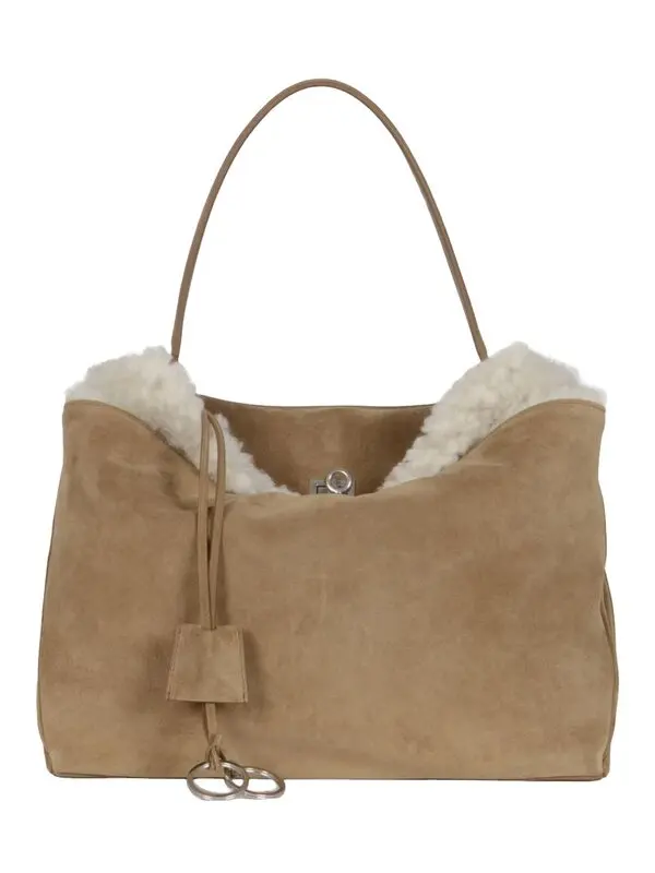 Balenciaga Suede And Shearling Rodeo Bag With Logo Bow - White