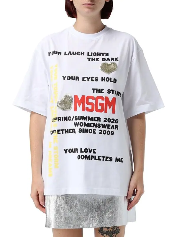 MSGM Oversized Cotton T-shirt With Logo And Slogan Print - White