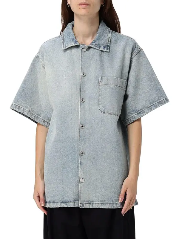 MSGM Relaxed Fit Short-sleeved Cotton Denim Bowling Shirt - Gnawed Blue