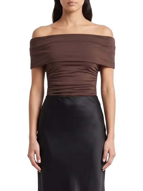 DES_PHEMMES Draped Off-the-shoulder Evening Top - Brown