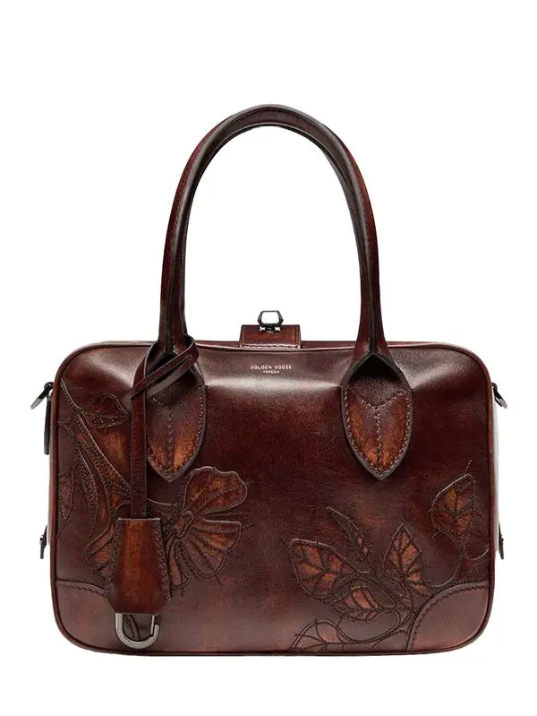 GOLDEN GOOSE Vita Floral Aged Leather Handbag - Brown