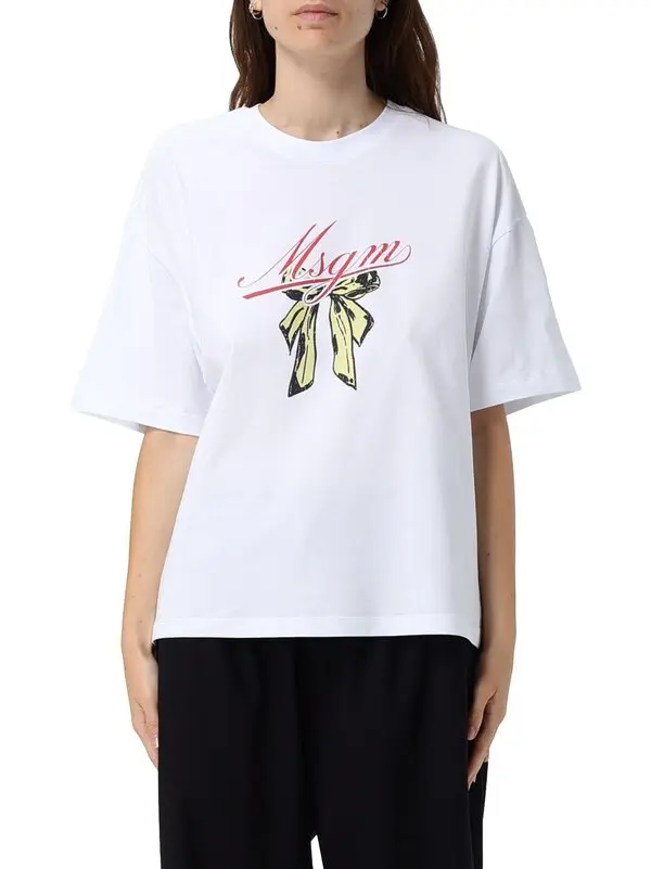 MSGM Cotton T-shirt With Logo And Bow Detail - White