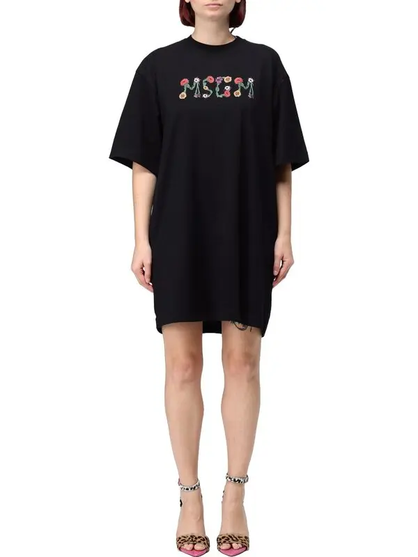MSGM Cotton Mini T-shirt Dress With Contrast Logo - Black