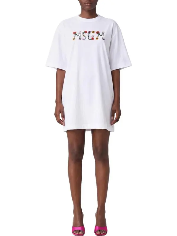 MSGM Cotton Mini T-shirt Dress With Contrast Logo - White