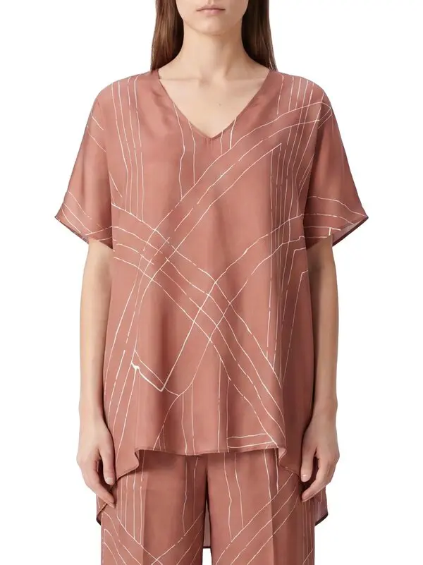 ALYSI Graphic Print Pure Silk V-neck Blouse - Nude