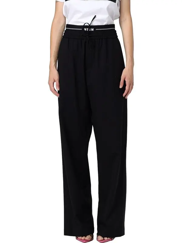 MSGM Virgin Wool Jogging Pants With Drawstring Waist And Logo - Black