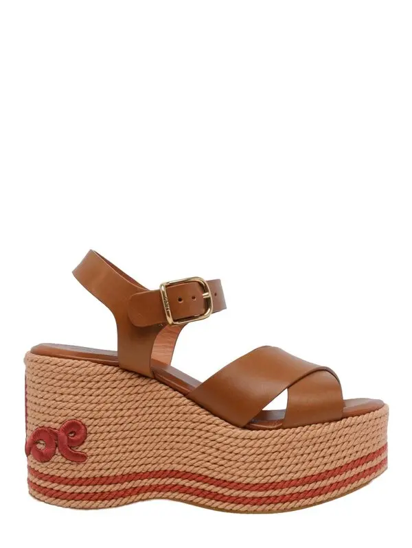 Chloé High Wedge Sandals In Calfskin Leather With Embroidered Logo - Brown