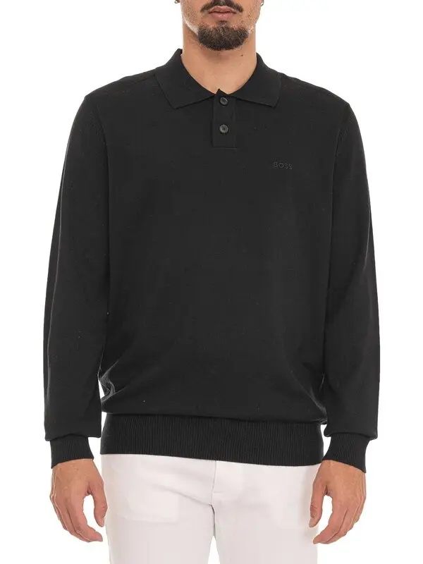 BOSS Long-sleeved Cotton Polo Shirt With Tone-on-tone Embroidered Logo - Black
