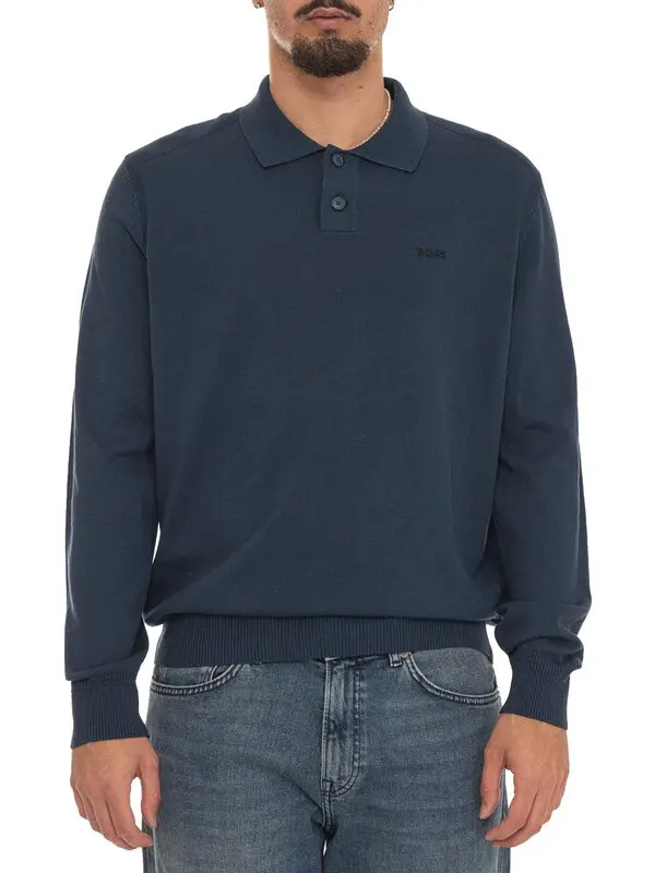 BOSS Long-sleeved Cotton Polo Shirt With Tone-on-tone Embroidered Logo - Blue