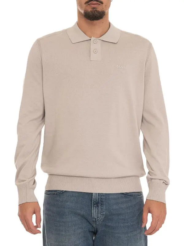 BOSS Long-sleeved Cotton Polo Shirt With Tone-on-tone Embroidered Logo - Grey