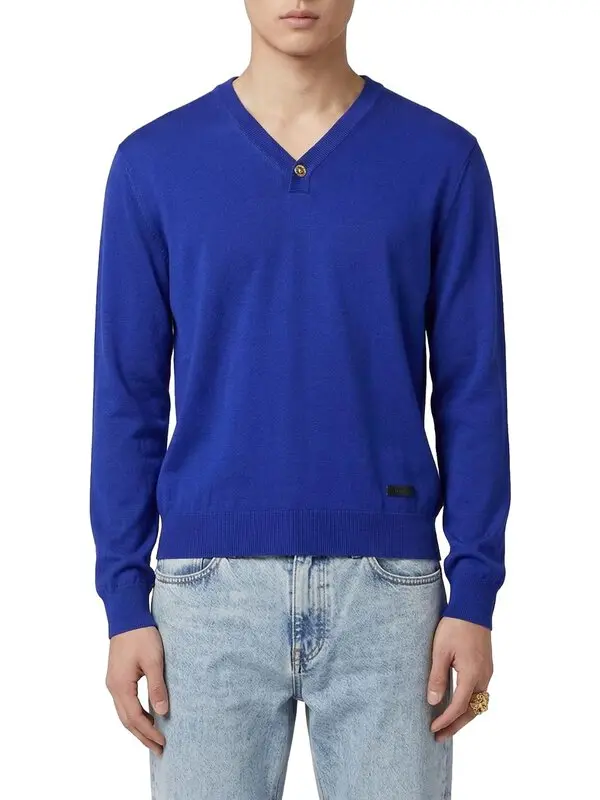 Versace V-neck Sweater In Silk And Cotton Blend - Blue