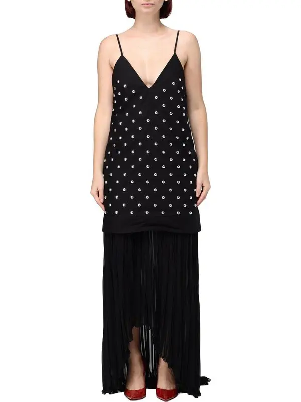 MSGM Pleated Cotton Evening Gown With V-neck And Embroidery - Black