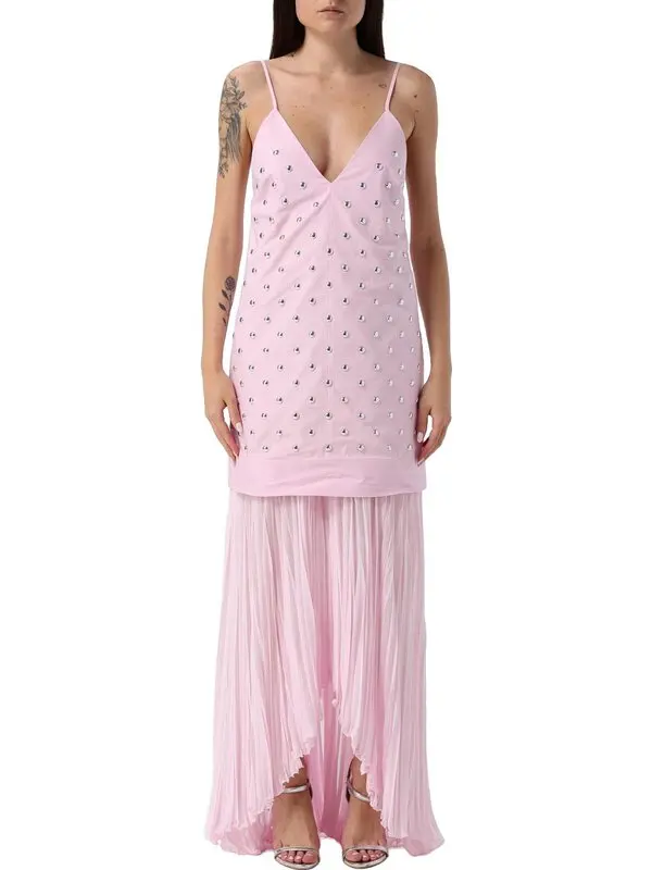 MSGM Pleated Cotton Evening Gown With V-neck And Embroidery - Pink