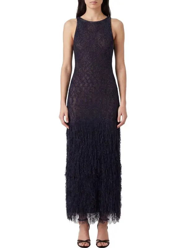 Giorgio Armani Sleeveless Halter Neck Maxi Dress With Sequins And Fringe - Blue