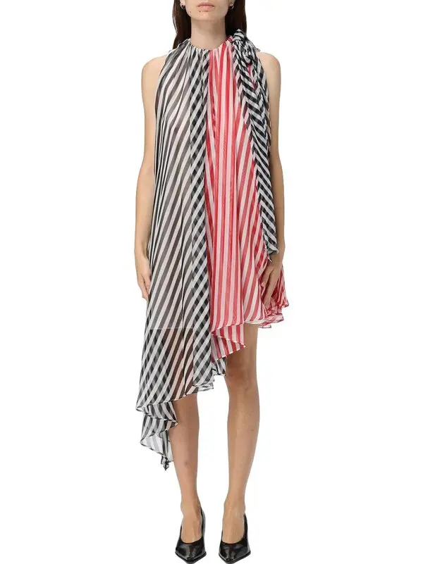 MSGM Asymmetric Striped Halterneck Midi Dress - Black