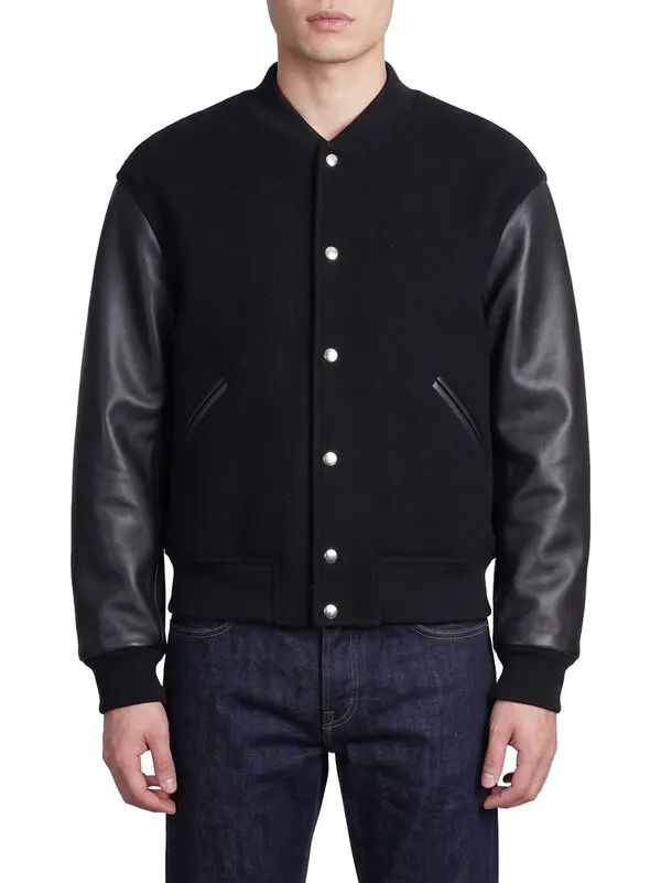 JIL SANDER Pure Virgin Wool Bomber Jacket With Leather Sleeves - Black