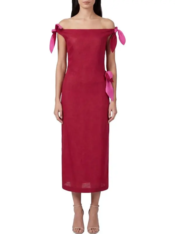 Liviana Conti Linen Midi Dress With Bow Accents - Earth